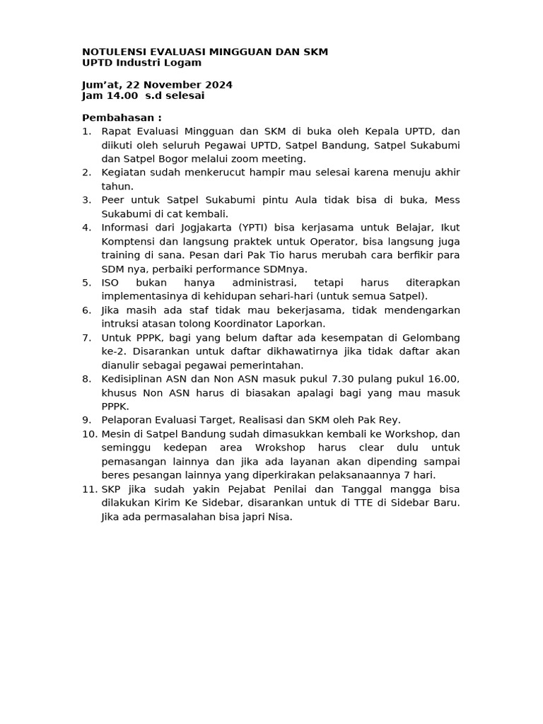 22 Nov 2024 - Notulensi Evaluasi Mingguan Dan SKM | PDF
