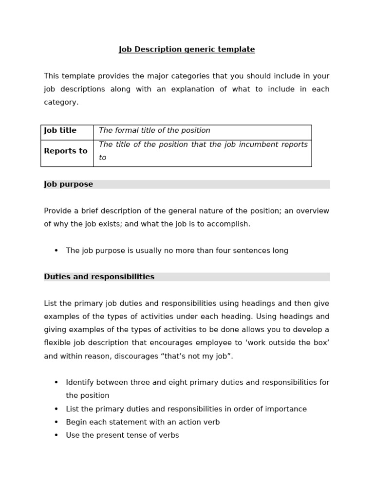Job Description - Job Specification - Generic Templates | PDF