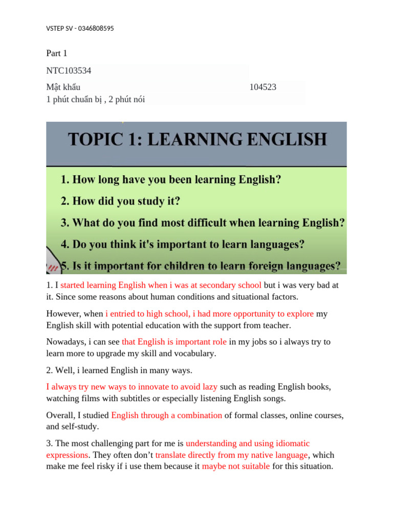 Đề key VSTEP SPEAKING - VSTEP SV | PDF | English Language | Educational Technology