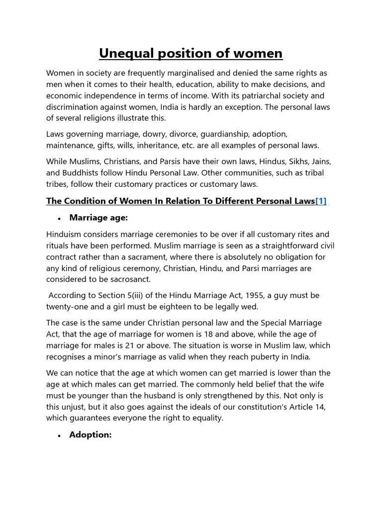 Unequal Position of Women | PDF | Marriage | Husband