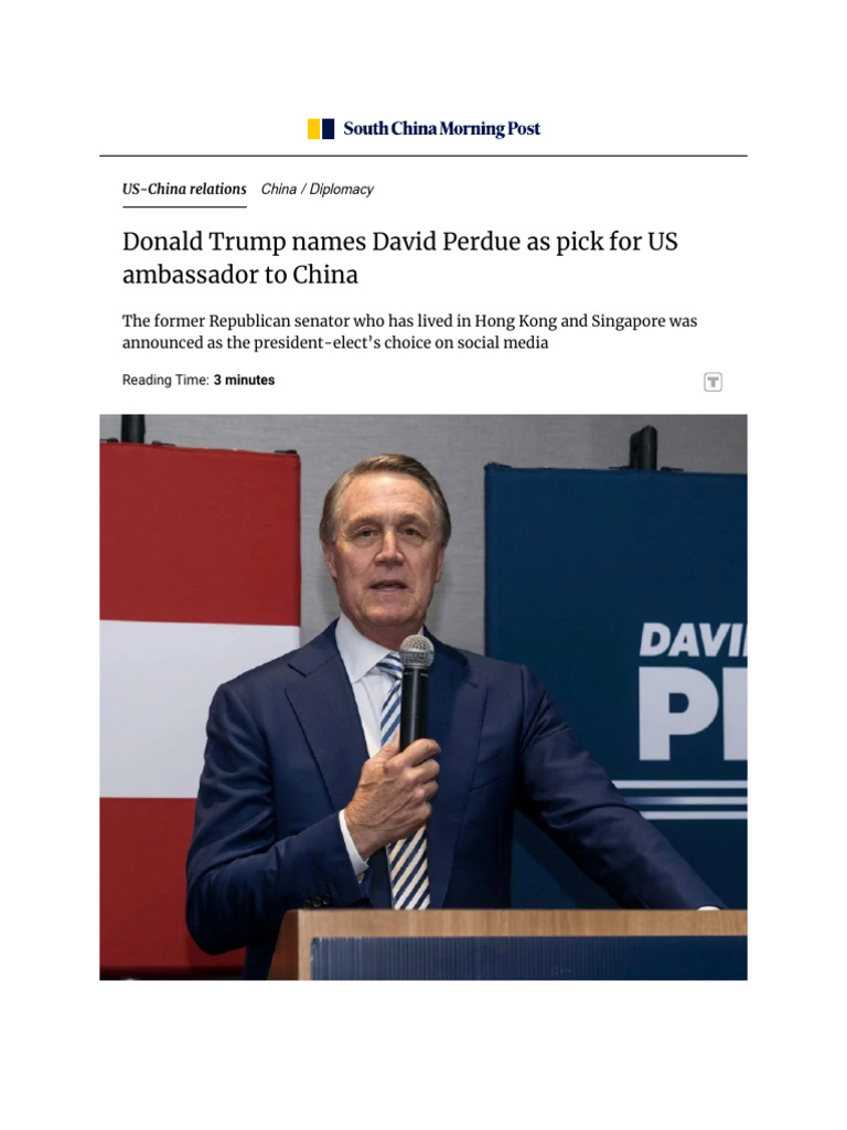 Donald Trump Names David Perdue As Pick For US Ambassador To China ...