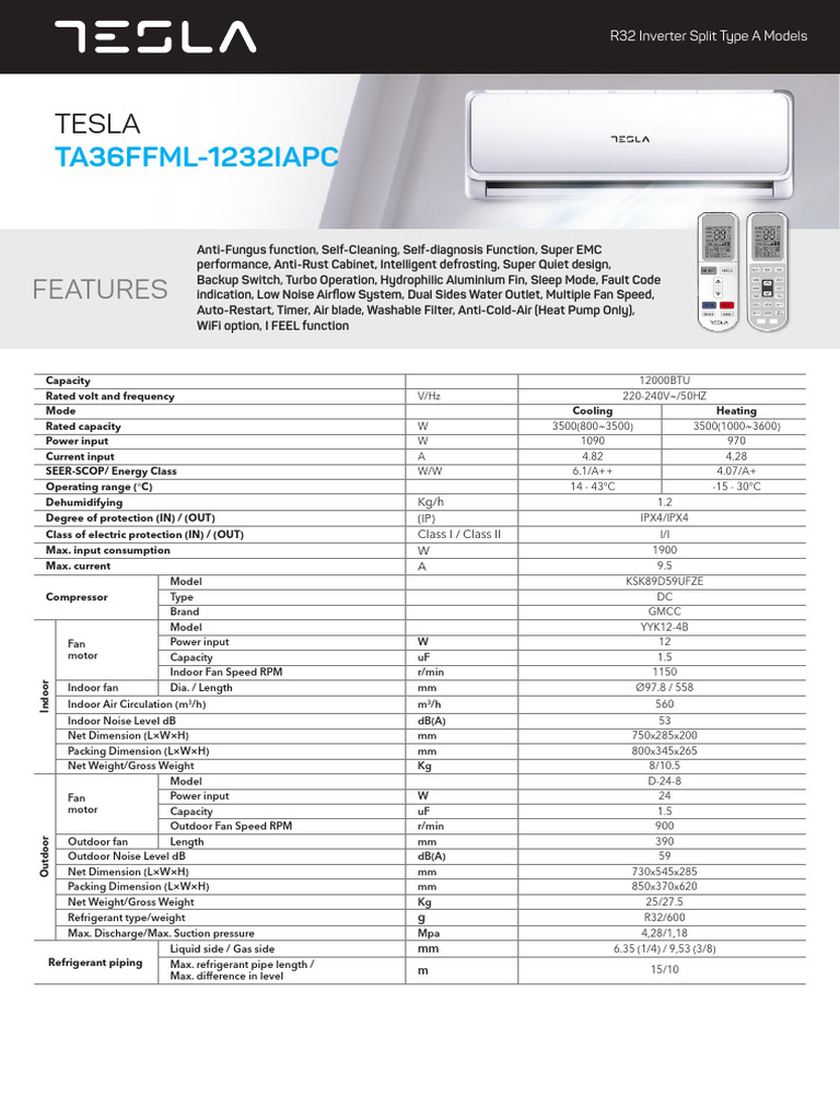 Tesla TA36FFML-1232IAPC Specs | PDF | Air Conditioning ...