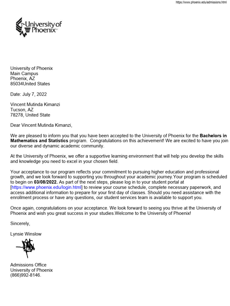 University of Phoenix Acceptance Letter | PDF