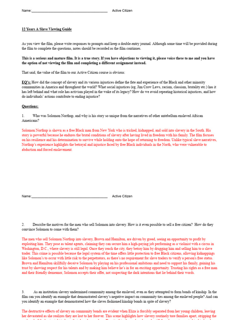 12 Years A Slave Viewing Guide | PDF | Slavery | Slavery In The United ...