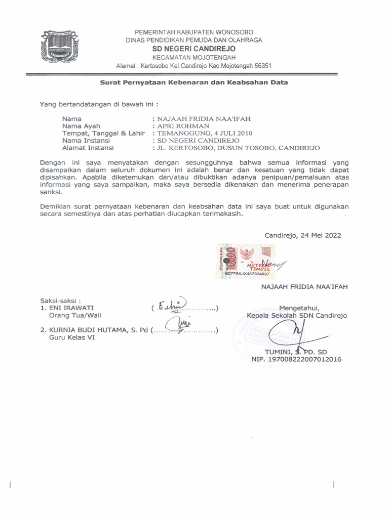 Scan Surat Kebenaran Dan Keabsahan Data Najaah24052022 | PDF