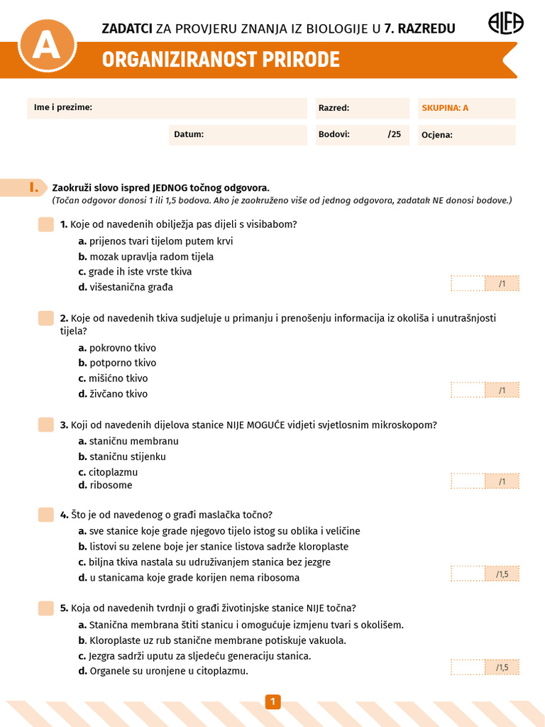 Biologija 7-IZ-1A 1B Ogledni | PDF