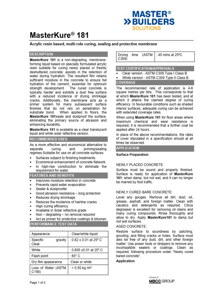 Masterkure-181 (1) | PDF | Concrete | Secondary Sector Of The Economy