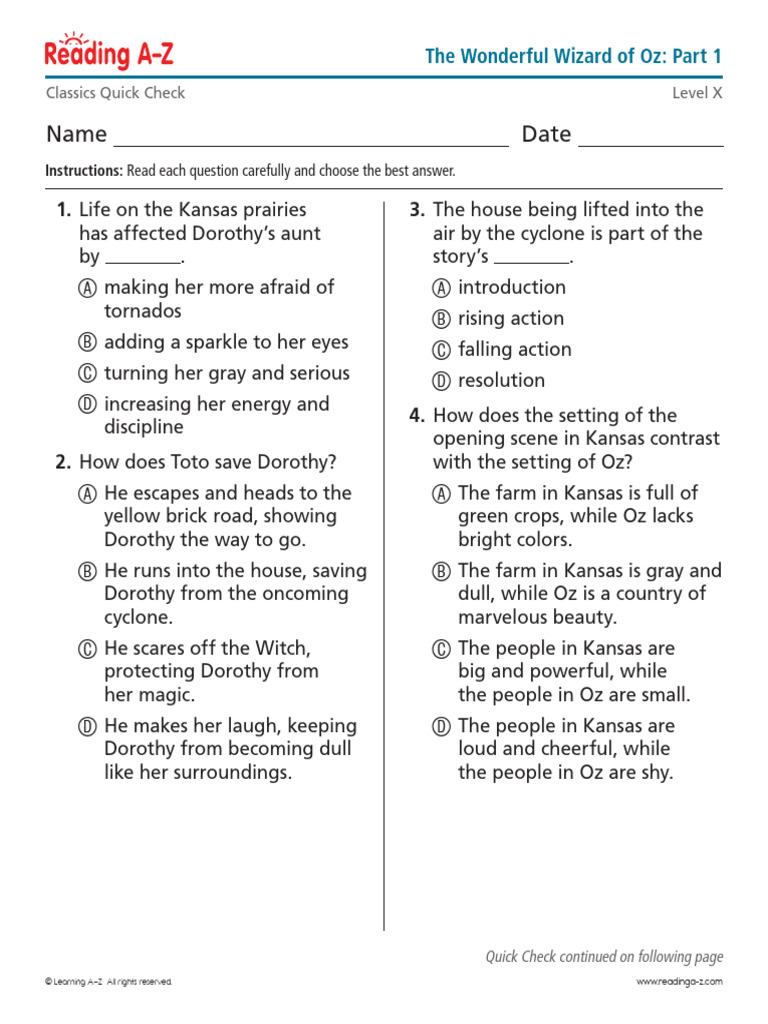 Wizard of Oz Part 1: Quick Check Guide | PDF | Dorothy Gale | The ...