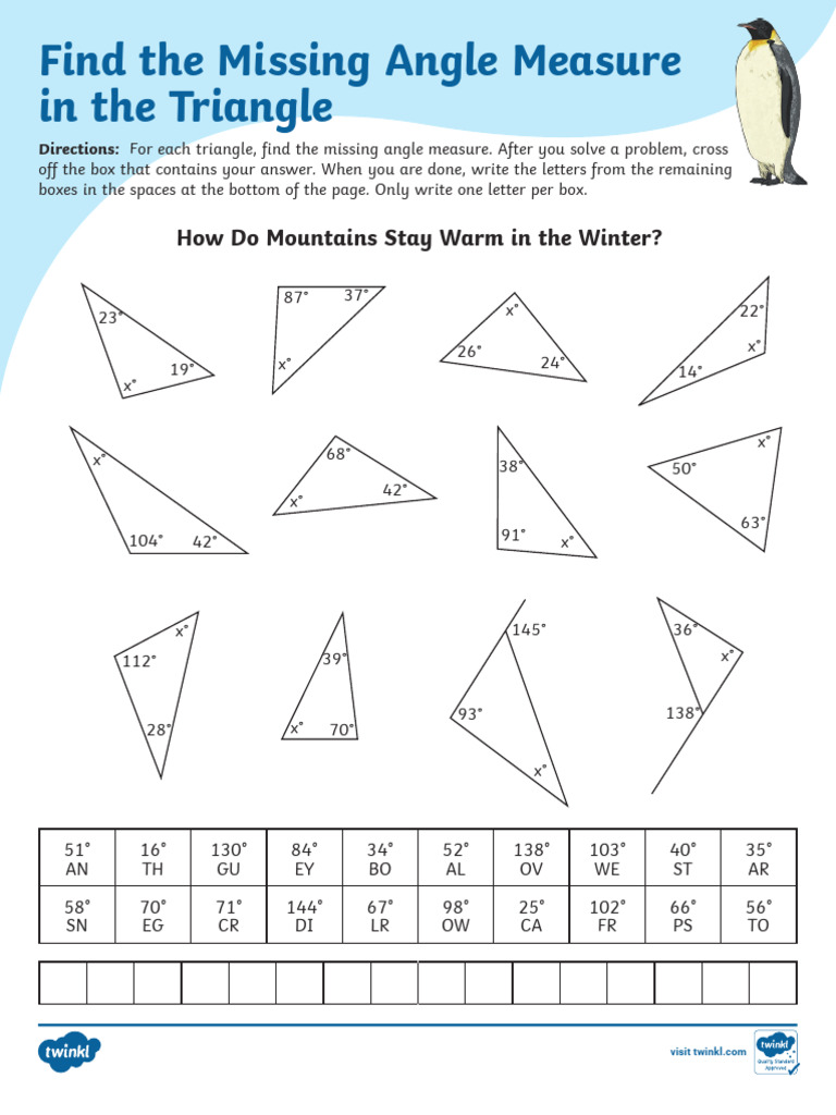 Color Eighth Grade Find the Missing Angle Measure in the Triangle ...