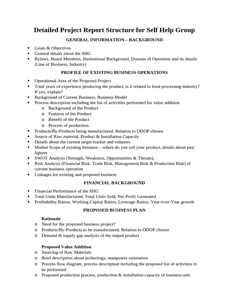 Detailed Project Report Structure For Self Help Group: General ...