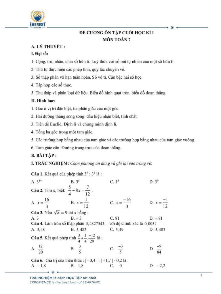 De Cuong Cuoi Hoc Ki 1 Toan 7 Nam 2024 2025 Truong Everest Schools Ha Noi | PDF