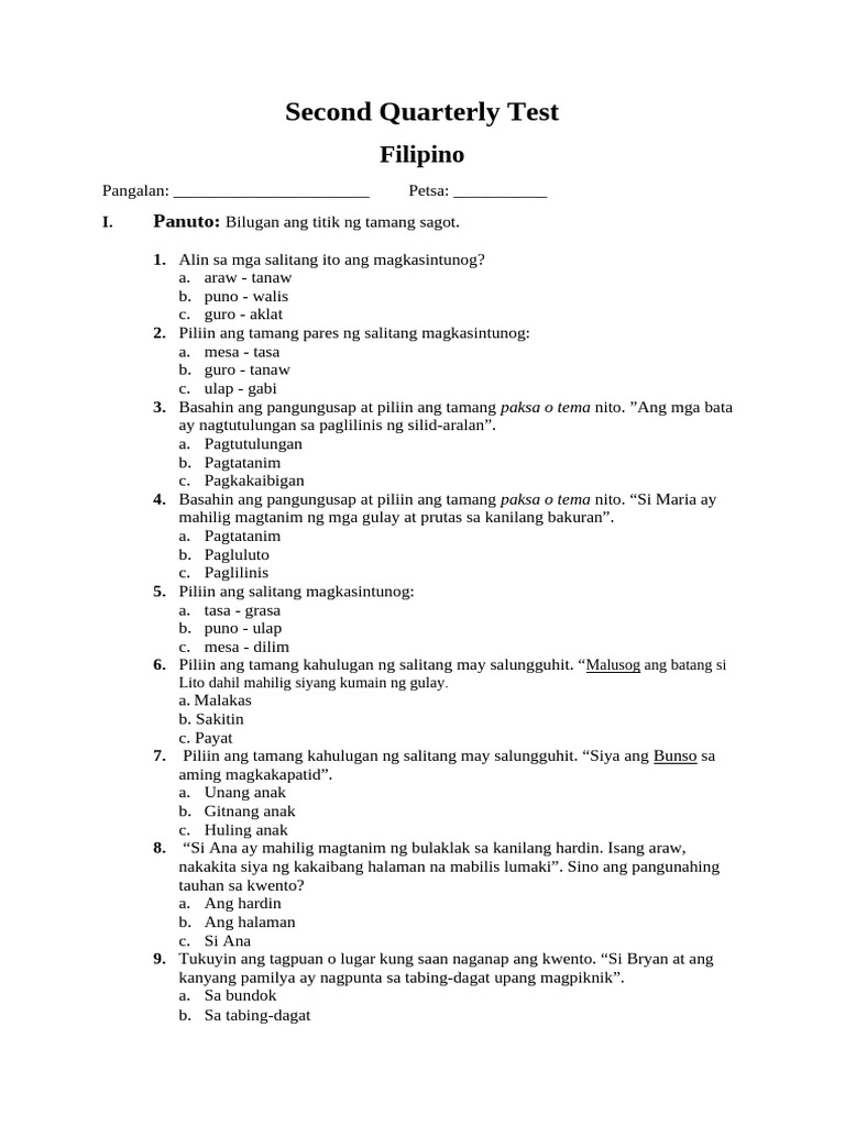 Second Quarterly Test Filipino ANS | PDF