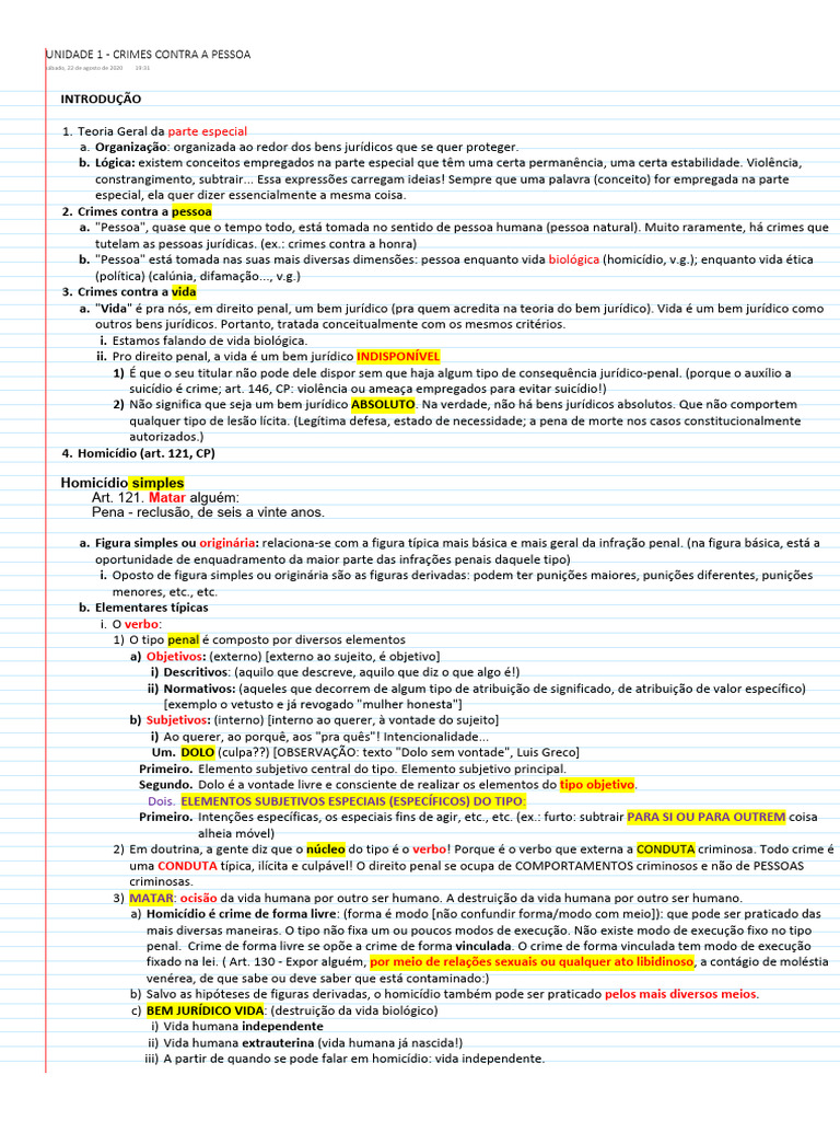 Anotações de Aula - Homicídio Simples | PDF