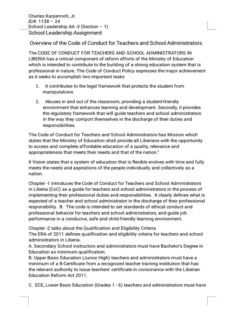 Liberia Teachers' Code of Conduct Overview | PDF | Teachers | Liberia