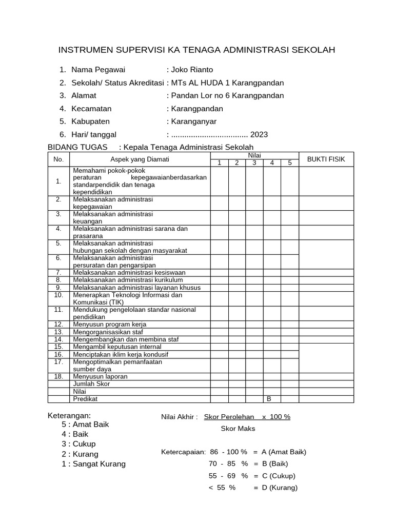 Instrumen Supervisi Ka Tendik 2023 | PDF