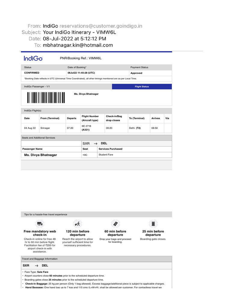 Your IndiGo Itinerary - VIMW6L | PDF | Airport