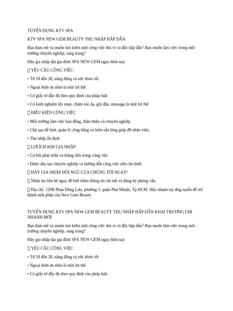 Tuyển dụng KTV Spa | PDF
