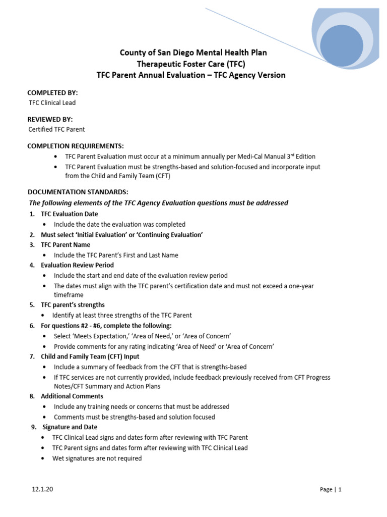 Annual TFC Parent Evaluation - TFC Agency Version - Explanation Final | PDF