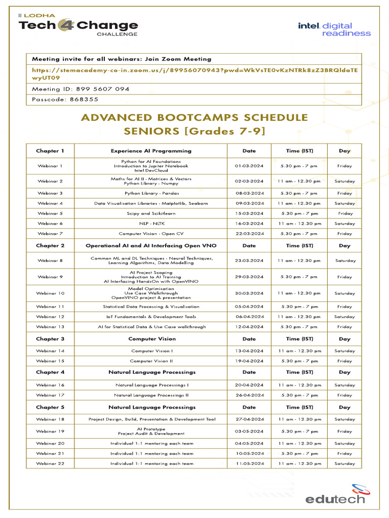 Lodha Tech4Change - Advanced Boot Camp Schedule - Senior Category | PDF