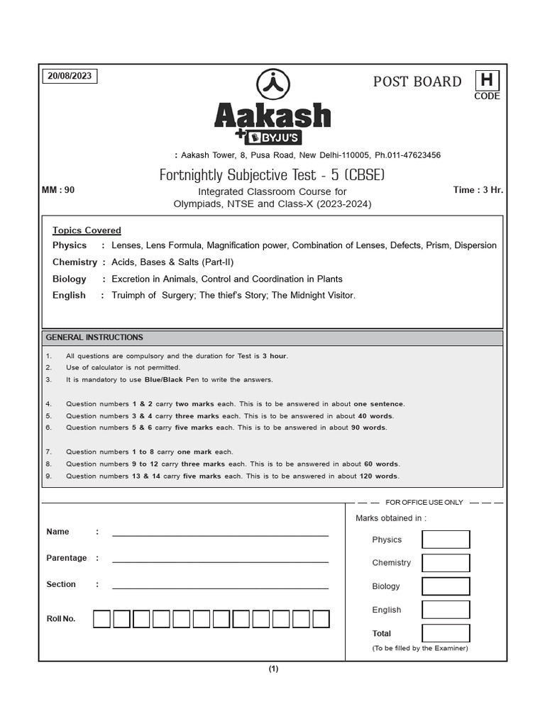 FTS-05 X CBSE Post Board | PDF | Electromagnetic Radiation | Lenses