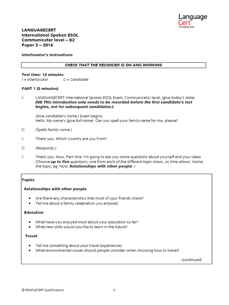 LC B2 Kozepfok Mintafeladat 3 Beszedkeszseg Vizsgalap | PDF