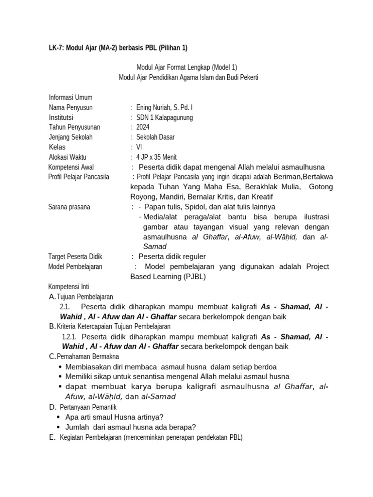 LK-7 Loka Karya Modul Ajar PJBL Wa Ening | PDF