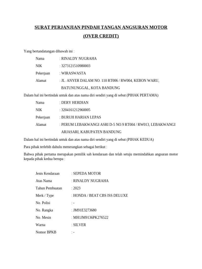 Surat Perjanjian Pindah Tangan Angsuran Motor | PDF