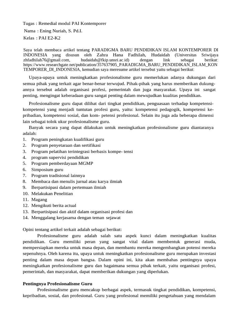 Tugas Remedial PAI Kontemporer Wa Ening | PDF