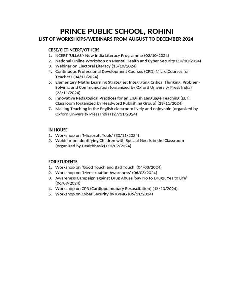 List of Workshops August-December 2024 (1) | PDF