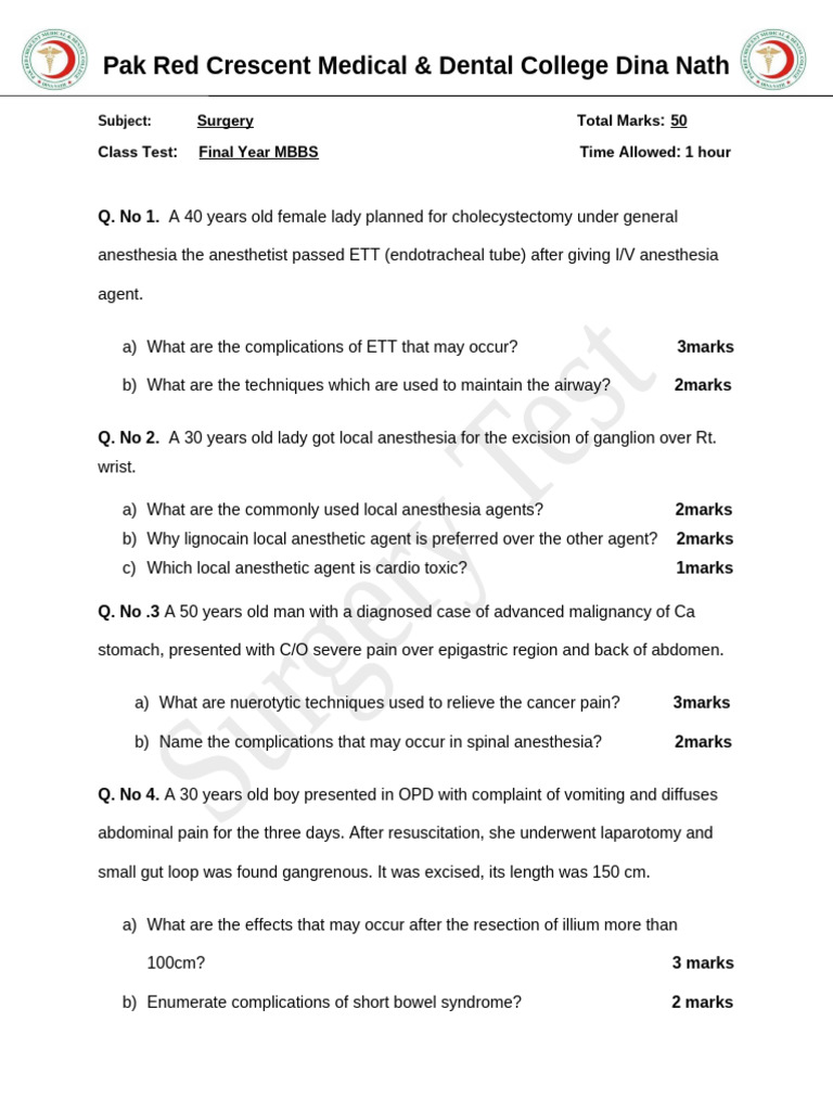 Surgery Exam Questions for MBBS Final Year | PDF | Anesthesia | Surgery