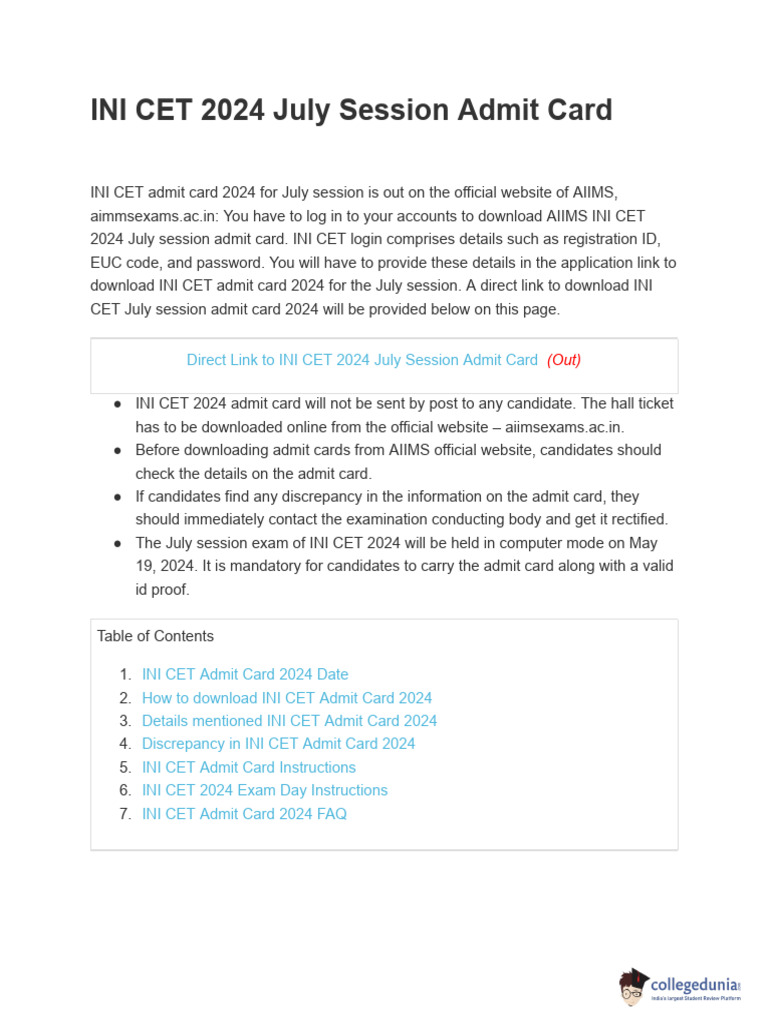 INI CET 2024 July Admit Card Released | PDF