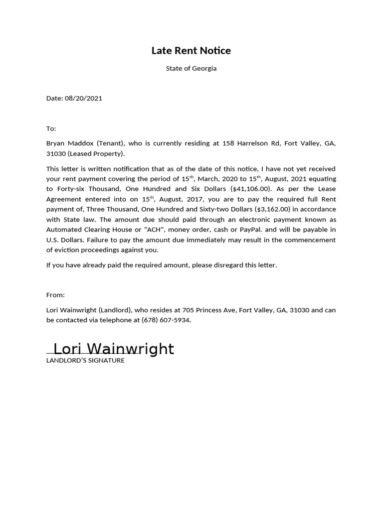 Georgia Late Rent Notice Template | PDF