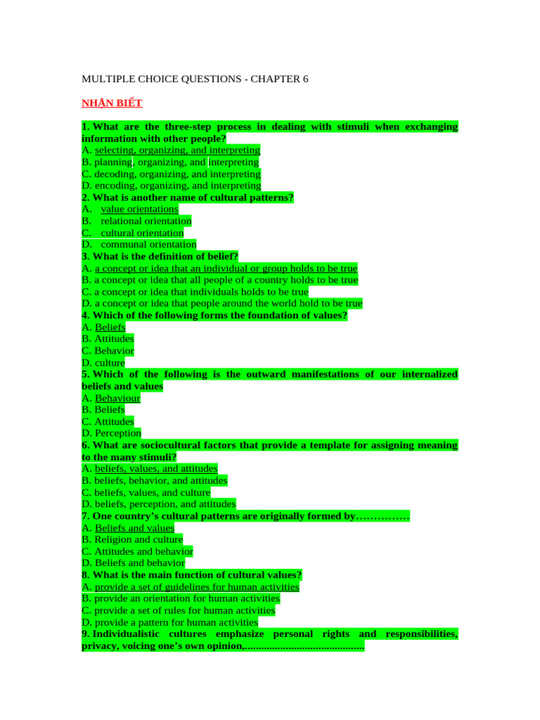 Cultural Communication Quiz | PDF | Experience | Cross Cultural ...