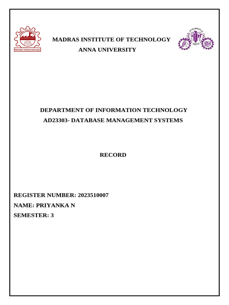 DBMS - Lab - With Index - Template | PDF | Sql | Databases