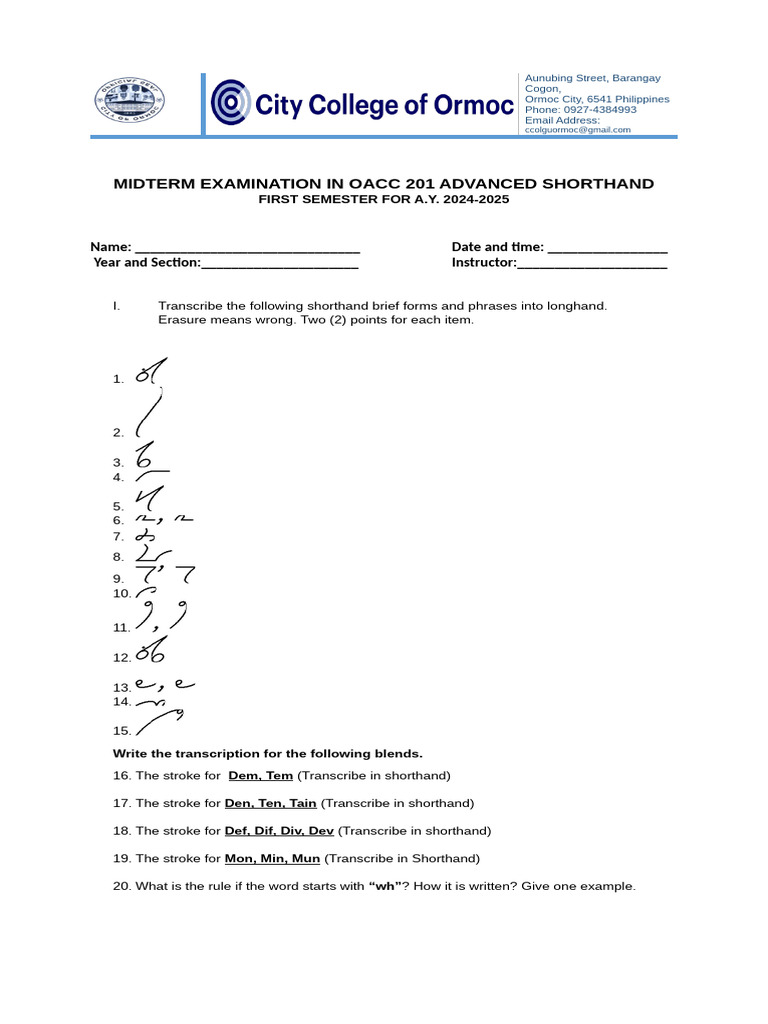 OACC 201 Midterm Exam: Advanced Shorthand | PDF