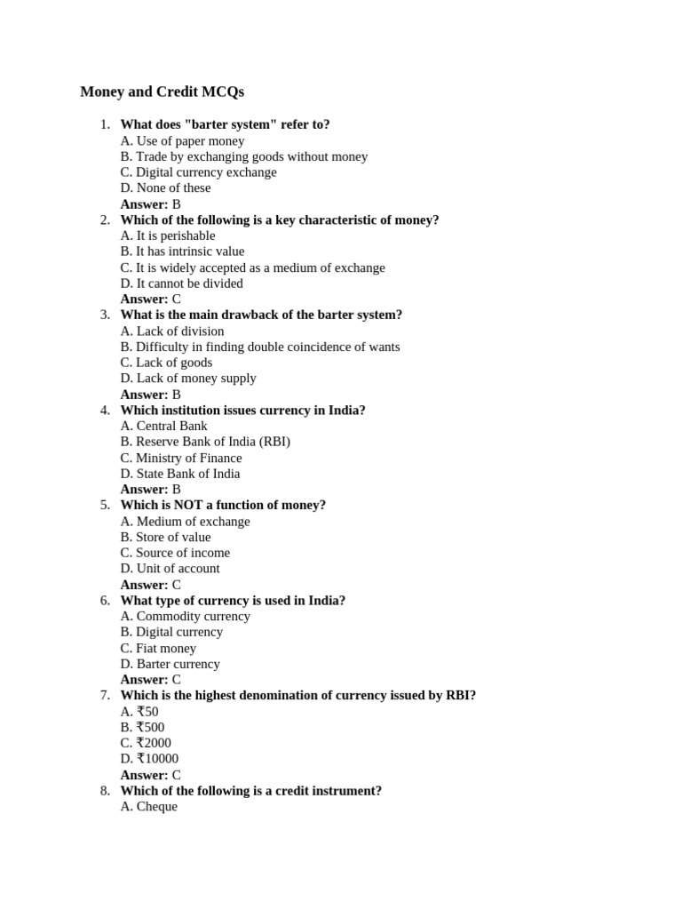 Money and Credit MCQs- grade x | PDF | Money | Interest