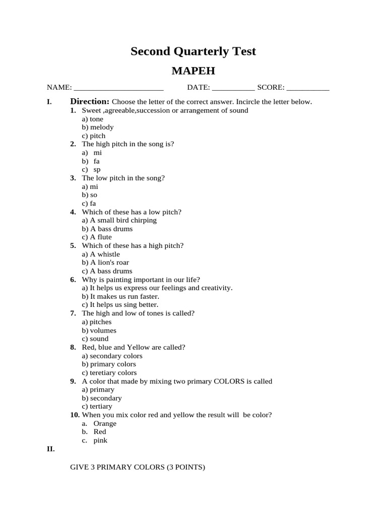 Second Quarterly Test MAPEH ANS SIR KALI | PDF | Color