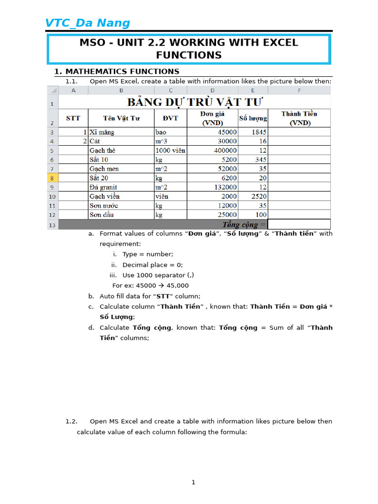 Unit 2.2 - Working With Excel Functions - Copy - VTC | PDF