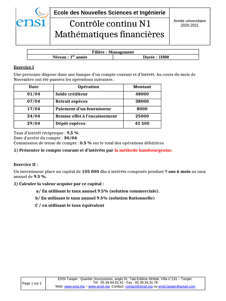 Controle Continu 1 MATH FIN 1er MGT | PDF