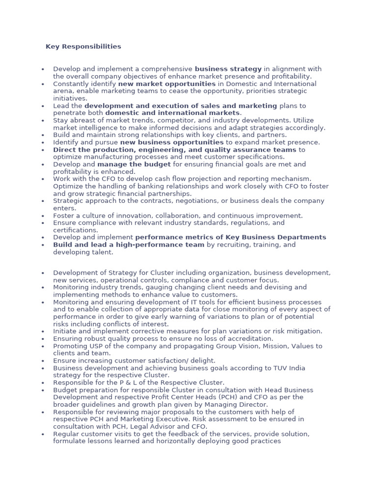 Key Responsibilities | PDF | Automation | Performance Indicator