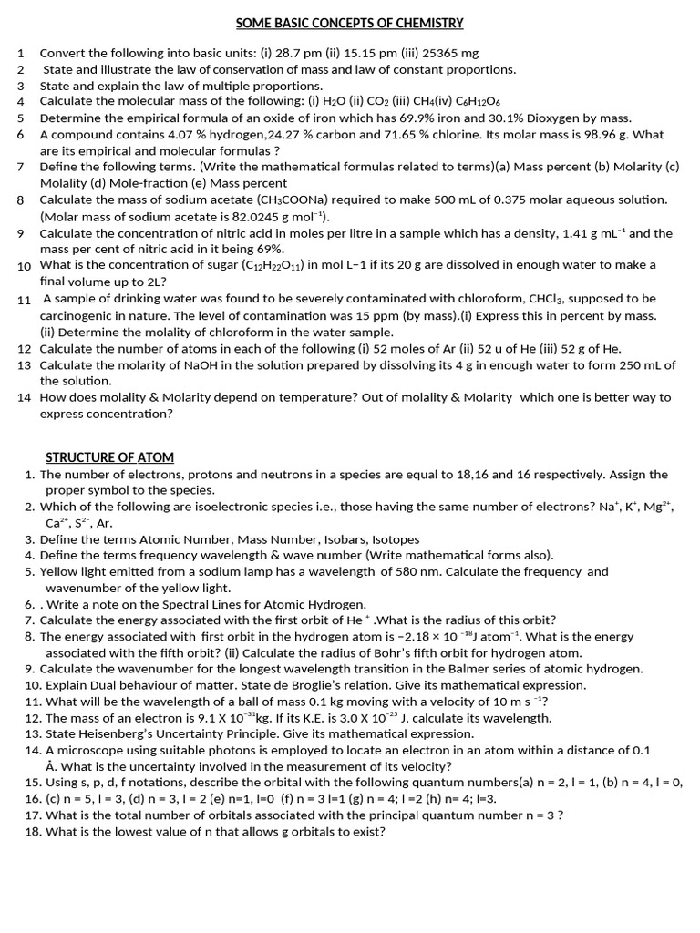 Important Questions for Class 11 Chemistry | PDF | Atoms | Atomic Orbital