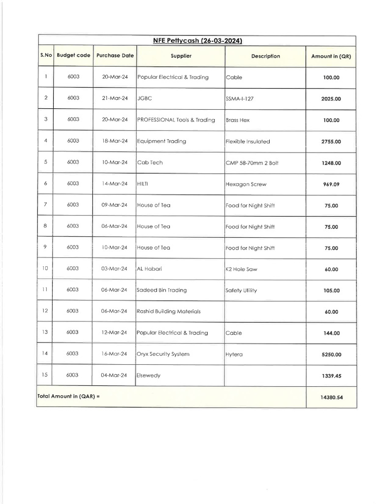 NFE Project - Site Petty Cash Summary 2024-03-26 | PDF