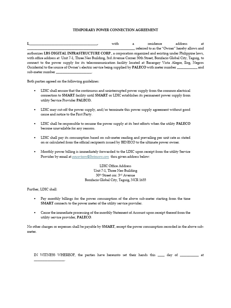 TEMPORARY POWER CONNECTION AGREEMENT PALECO | PDF