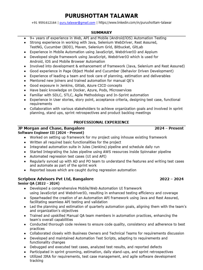 Experienced 10yrs Purushottam Senior Automation Engineer | PDF ...