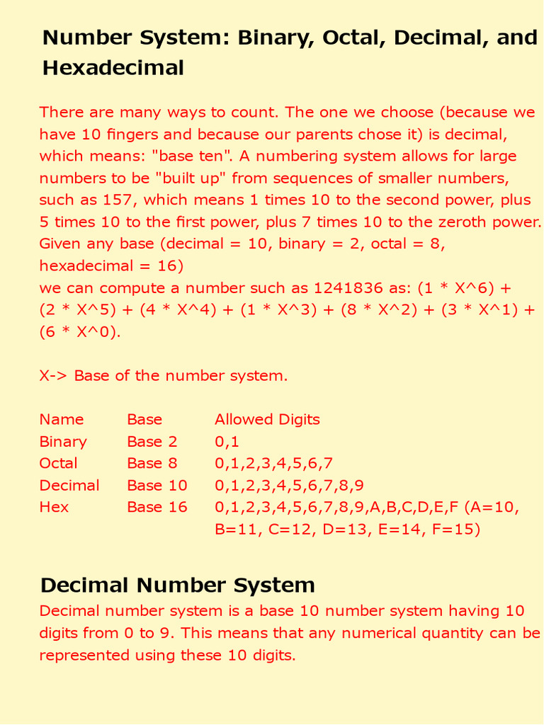 Number System: Binary, Octal, Decimal, and Hexadecimal | PDF | Byte ...