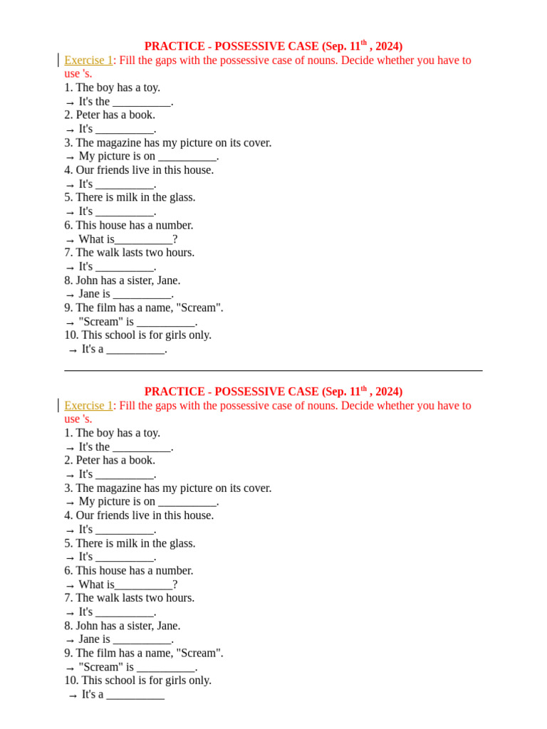 PRACTICE Possessive Case | PDF