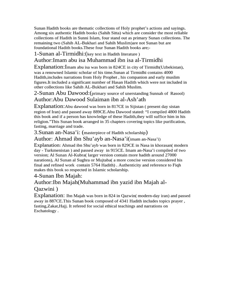 Sunan Hadith Books Are Thematic Collections of Hol | PDF