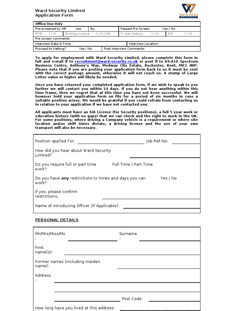 Ward Security Application Form Nov 2011 | PDF | Equal Opportunity ...