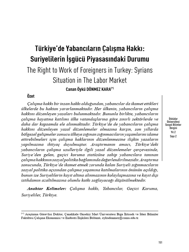 Turkiye de Yabancilarin Calisma Hakki Su | PDF