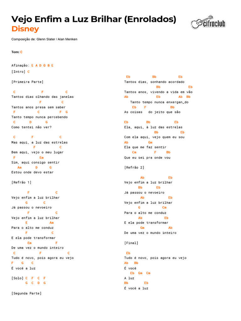 Cifra Club - Disney - Vejo Enfim a Luz Brilhar (Enrolados) | PDF